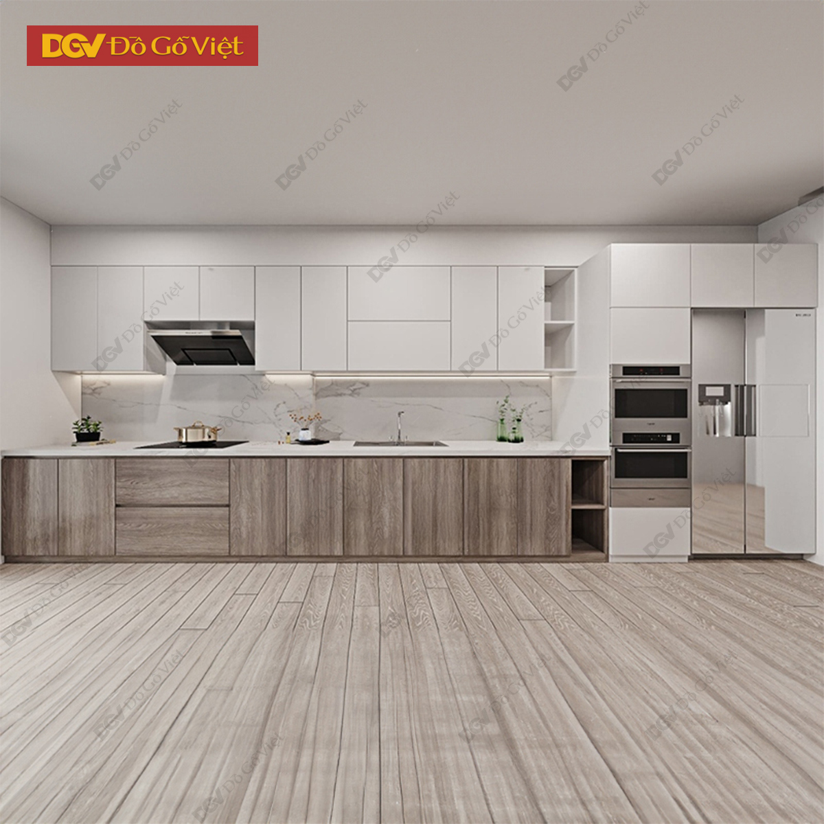 Mẫu Tủ Bếp Hiện Đại Màu Vân Gỗ Phối Trắng Đẹp Rẻ